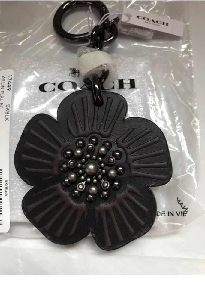 COACH Tea Rose Leather Key Fob Bag Charm Keychain Black | eBay
