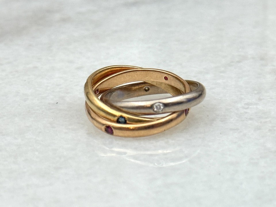 Vintage 18k White Yellow Rose Gold Sapphire Ruby Diamond Trinity Stacking Ring | eBay