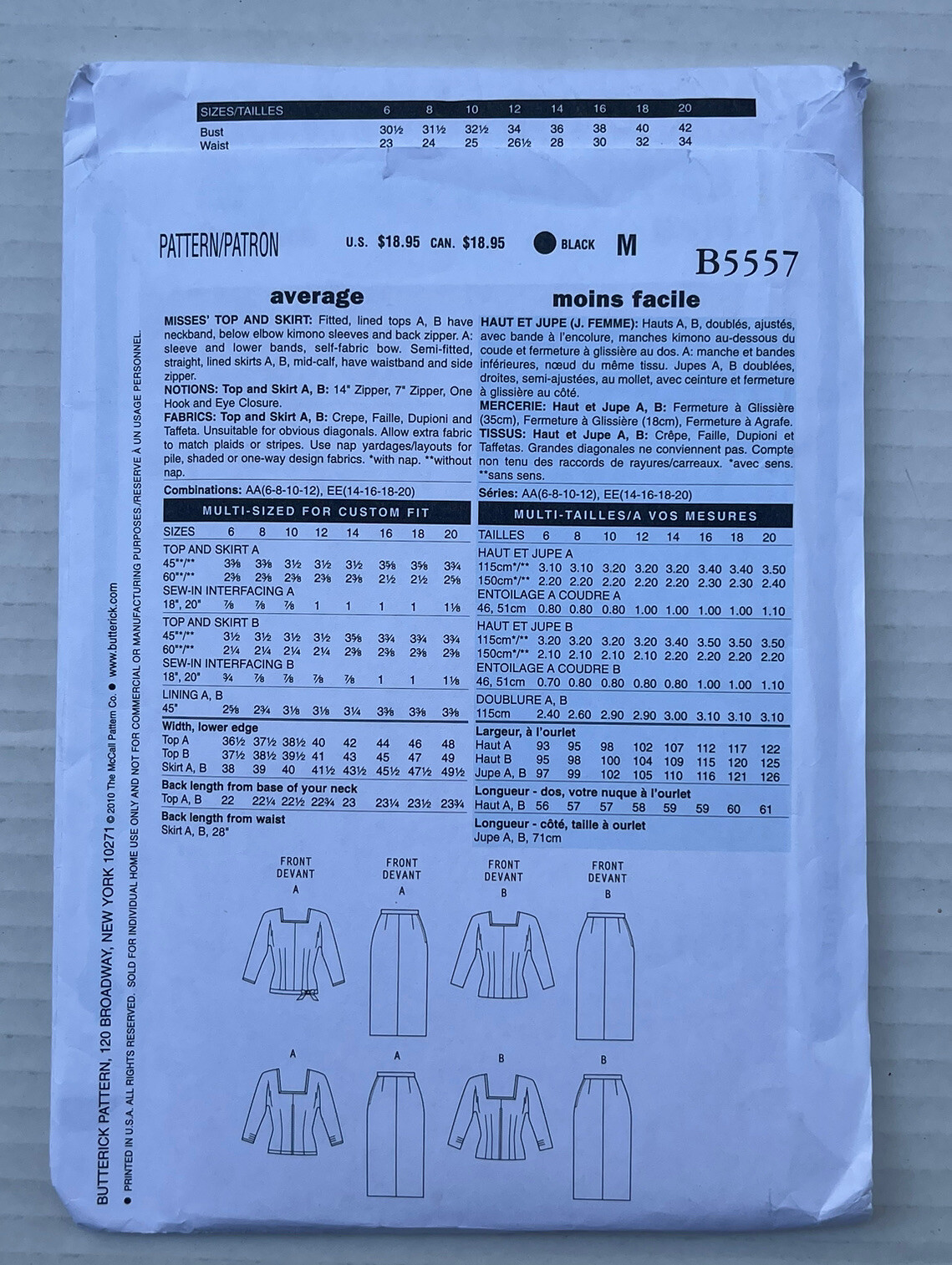 Butterick B5557 Misses Fitted Top Skirt Sewing Pattern 14-16-18-20 ...