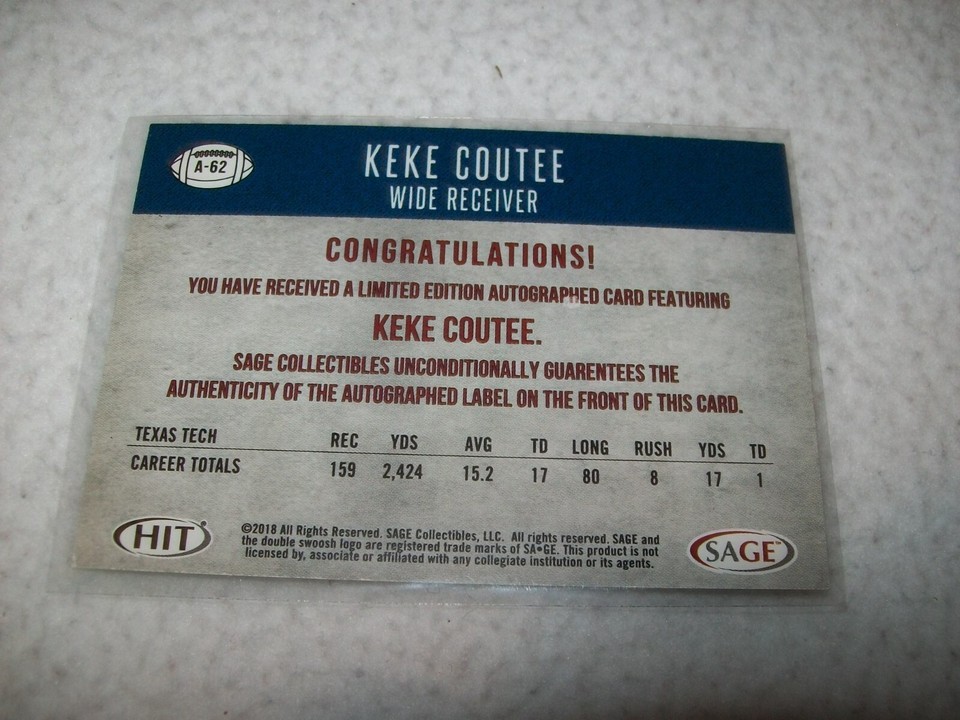 2018 SAGE HIT RED RC KEKE COUTEE AUTOGRAPH AUTO #A-62 TEXAS TECH RED ...