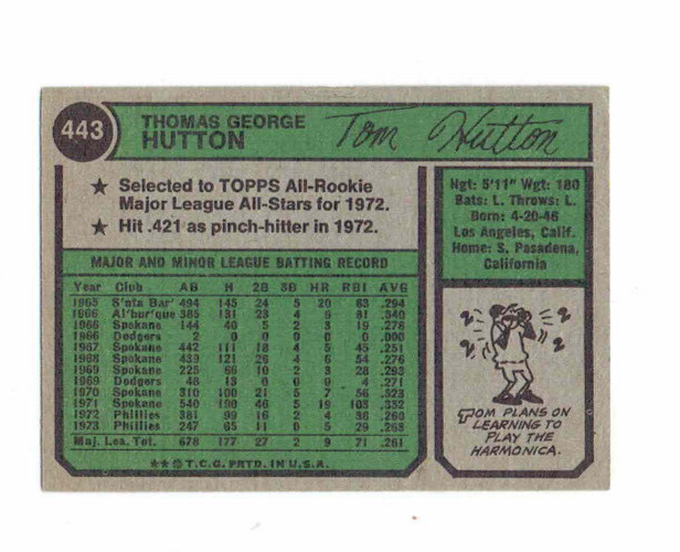Tom Hutton Philadelphia Phillies 1B #443 TCG 1974#Baseball Card | eBay