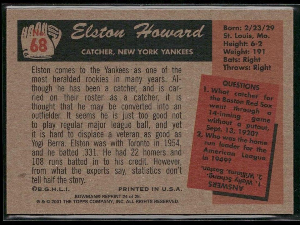 2001 Bowman Elston Howard Rookie Reprints #24 New York Yankees | eBay