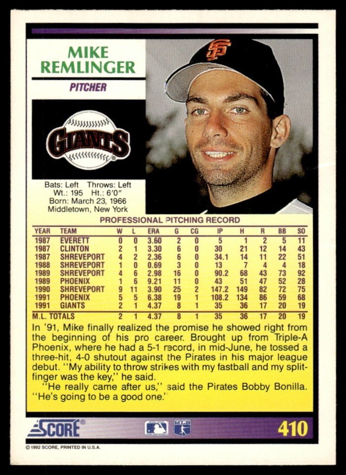 1992 Score Rookie Prospect #410 Mike Remlinger San Francisco Giants | eBay