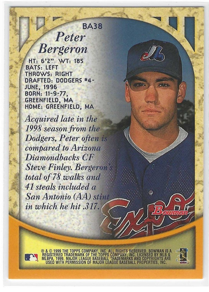 1999 Bowman Autograph - PETER BERGERON #BA38 - Montreal Expos - NM/MT ...
