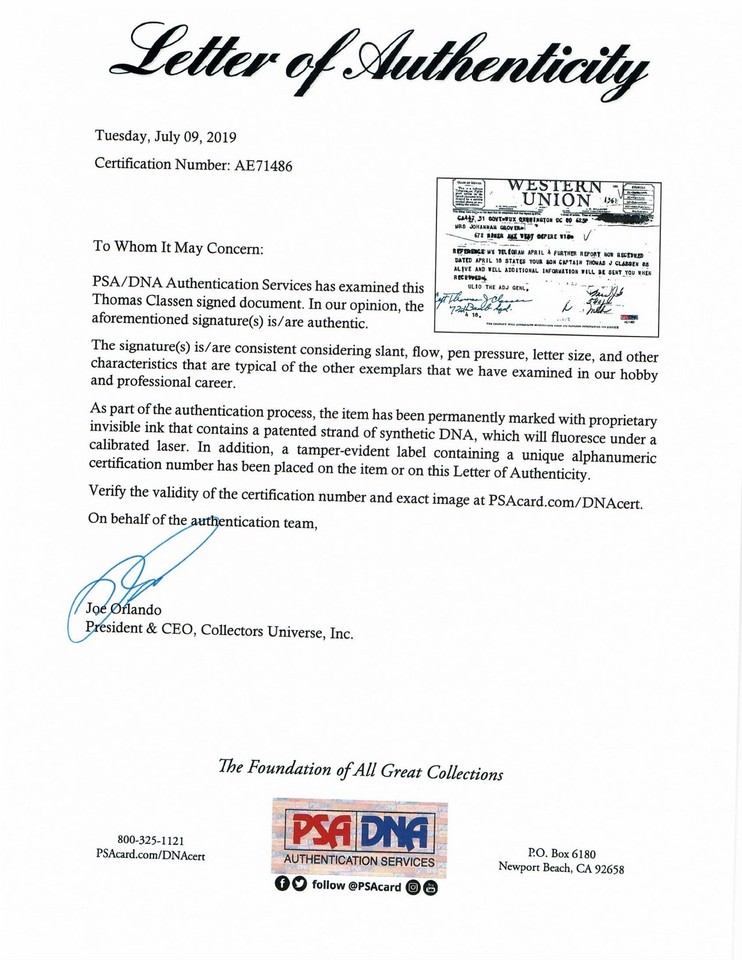 THOMAS CLASSEN SIGNED WESTERN UNION DOCUMENT PSA DNA AE71486 (D) WWII ...
