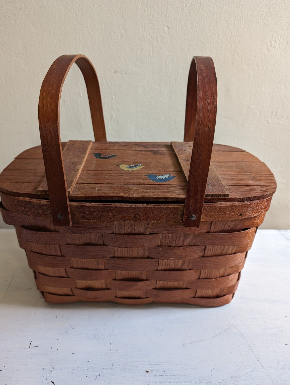 Vintage Wov-N-Wood By Jerywil Woven Picnic Basket With Painted Birds ...