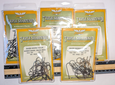 5 LOT FENWICK TRIPLE SHARPENED BASS WORM 27 HOOKS BARBED SIZE 2/0 HIGH ...