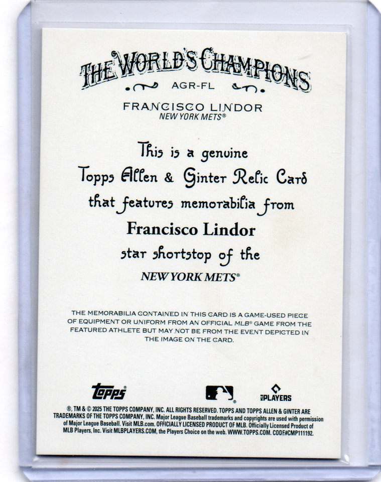 2025 Topps Allen & Ginter Francisco Lindor Game Used Relic card-METS | eBay