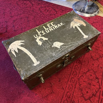 Vintage WW2 Military Navy Foot Locker Trunk HAND PAINTED USS Unimak ...