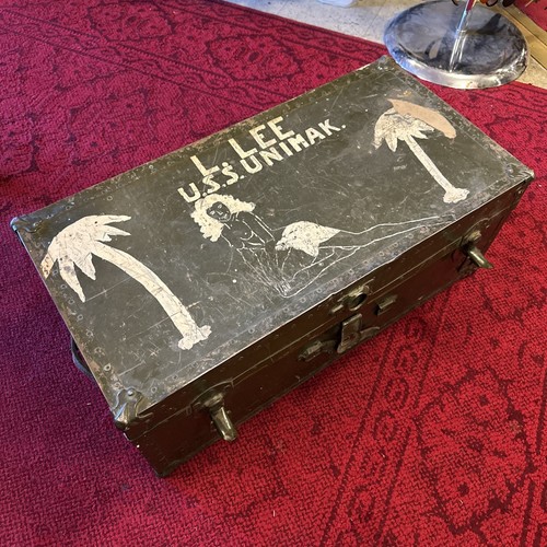 Vintage WW2 Military Navy Foot Locker Trunk HAND PAINTED USS Unimak ...