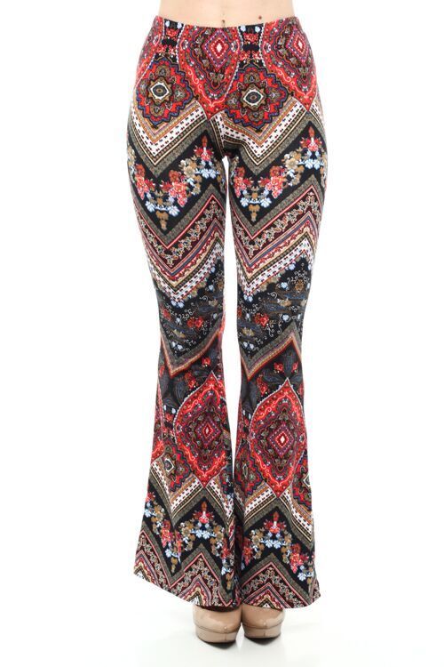 Red Chevron Paisley Floral long pants flare wide legs bell bottom S M L ...