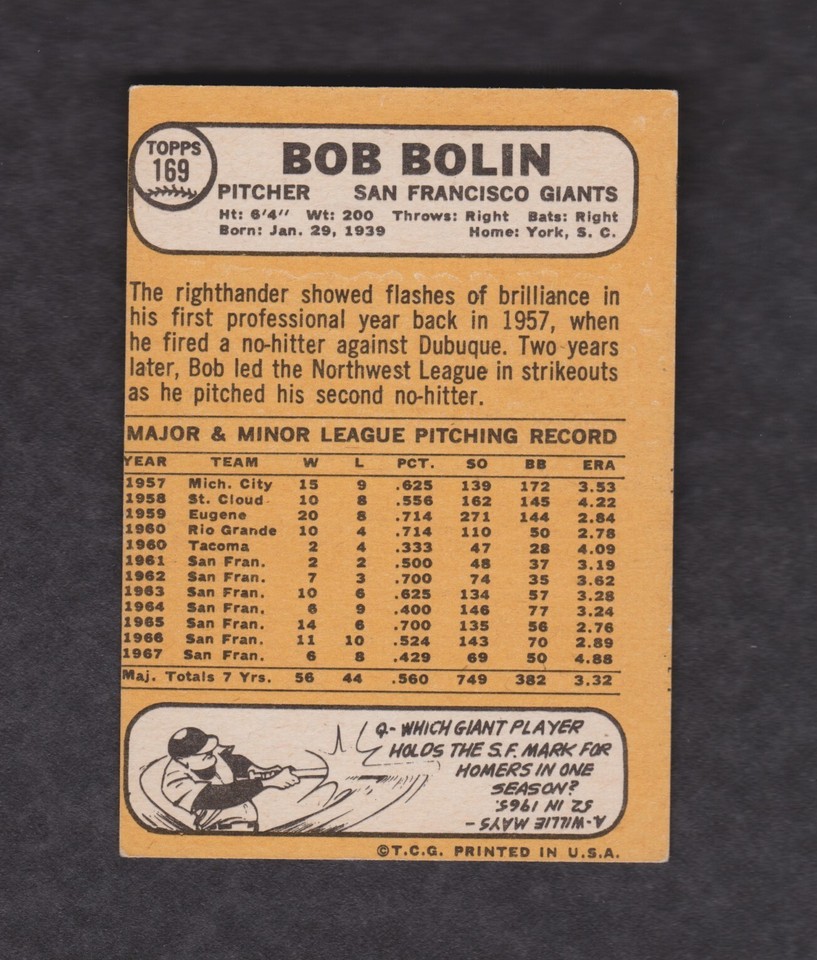 1968 Topps Baseball #169 Bob Bolin San Francisco Giants EX Vintage ...