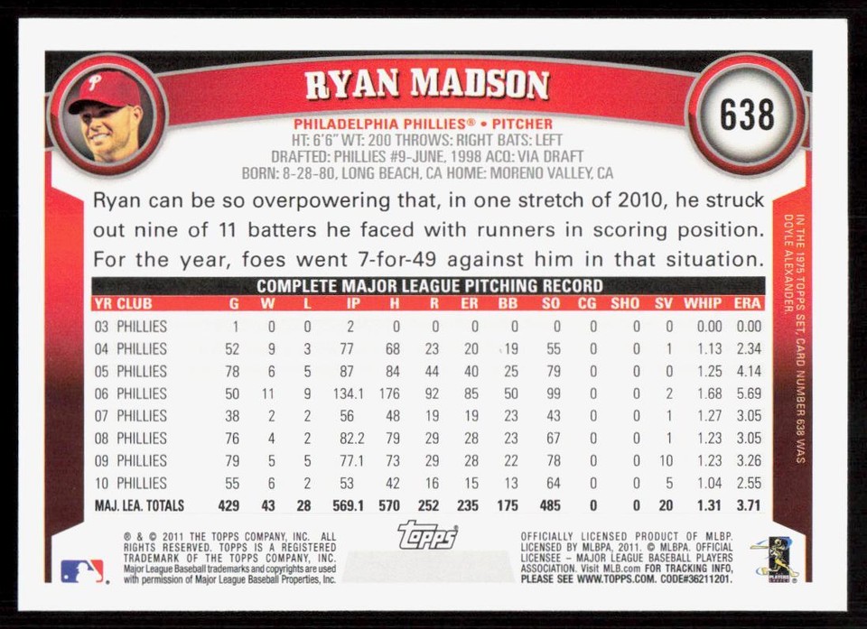 2011 Topps 638 Ryan Madson Philadelphia Phillies | eBay