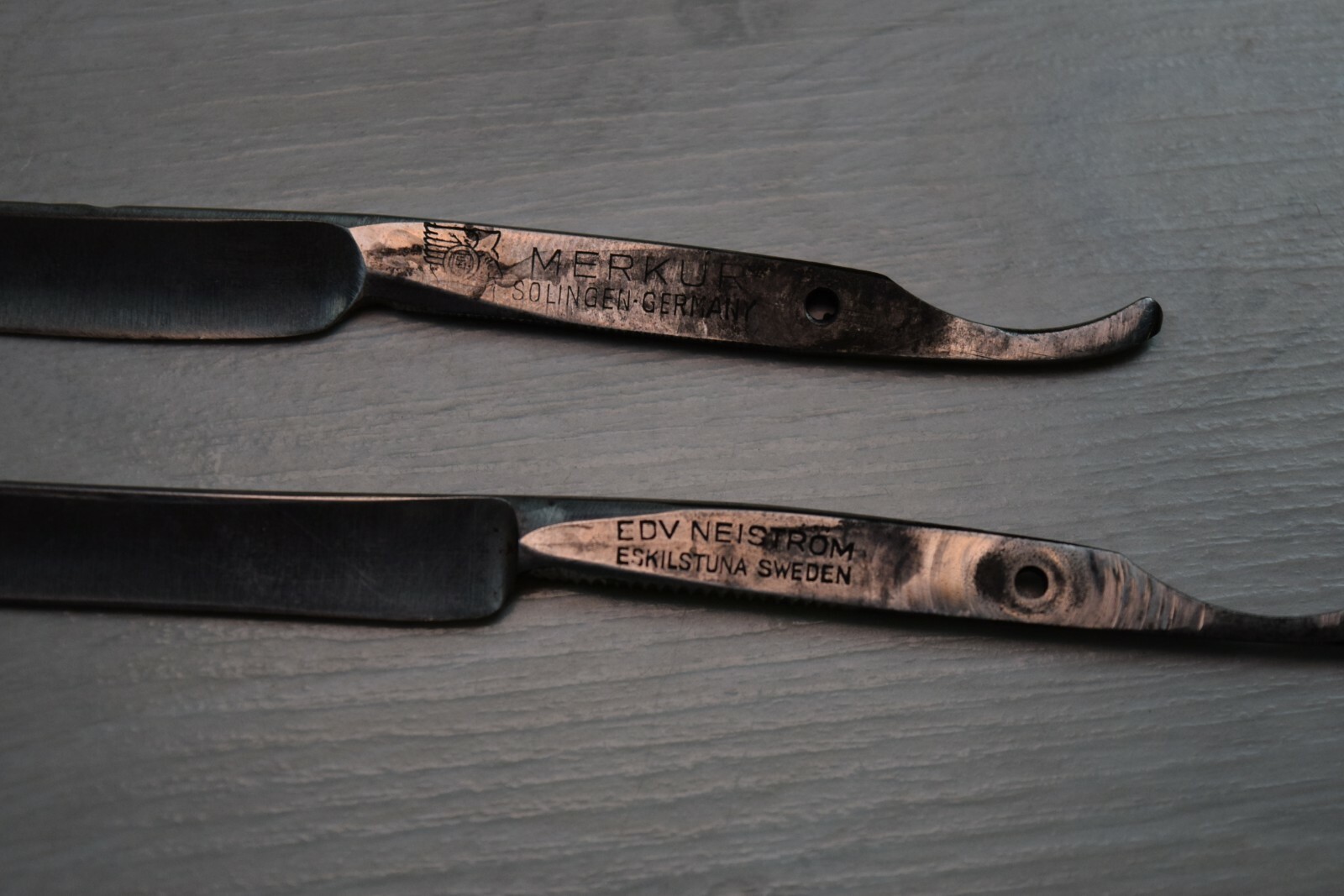 2 Antique Military MERKUR & EDV NEISTROM Straight Razor Solingen German ...