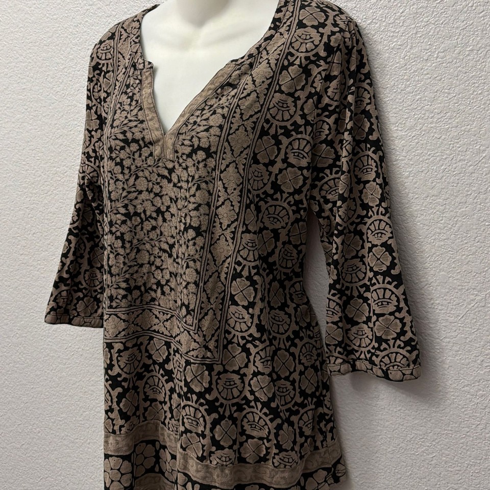 Lucky Brand Black and Tan Batik Print V-Neck Boho Tunic Top Size 1x | eBay