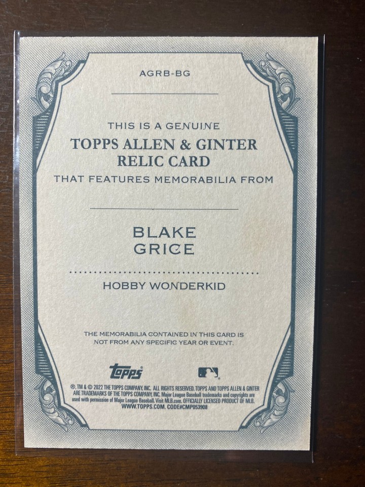 2022 Topps Allen & Ginter Blake Grice #AGRB-BG Full Relic Memorabilia ...