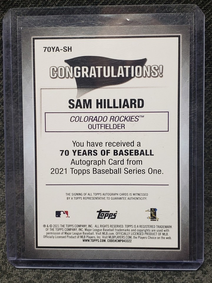 2021 Topps Sam Hilliard 70 Years Of Baseball Autograph #70YA-SH Auto ...