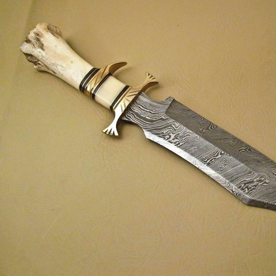 Handmade Damascus Bowie Knife Sharp Blade Camel Bone Handle With ...