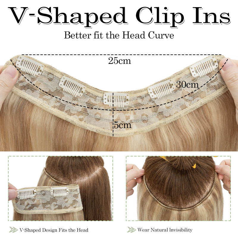 REAL Remy V-shaped Clip In 100% Human Hair Extensions One Piece 3/4 ...