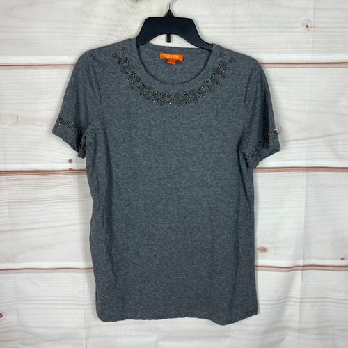 Joe Fresh Top Womens M Gray T-Shirt Rhinestone Beads Trim Short Sleeve ...