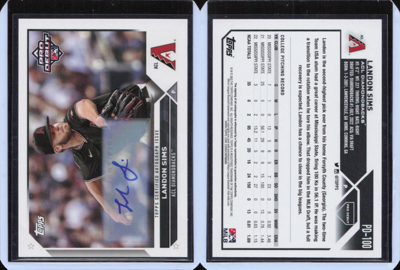 2023 Topps Pro Debut Autograph Auto #100 Landon Sims - ACL Diamondbacks ...