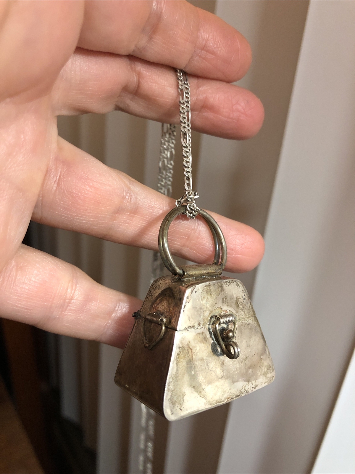 5. TAXCO 925 Sterling Figaro chain 3D PURSE Locket Pendant Necklace 24 ...