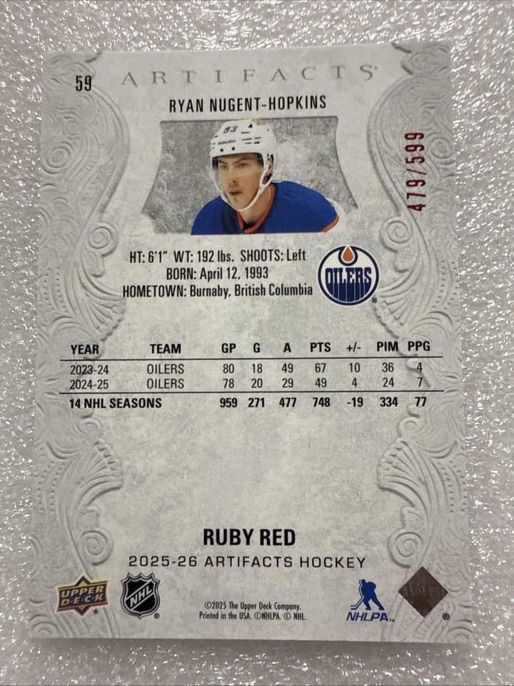 2025-26 Upper Deck Artifacts #59 Ryan Nugent-Hopkins Ruby Red #/599 | eBay