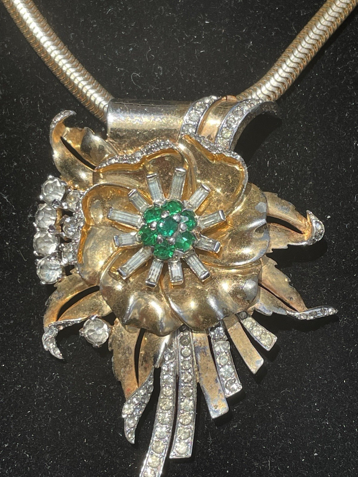 Vintage 1940s Signed Mazer Art Deco Diamante Pave Eme… - Gem