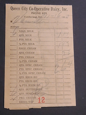1950 Queen City Co-operative Co-op Dairy Cumberland Maryland Paper ...
