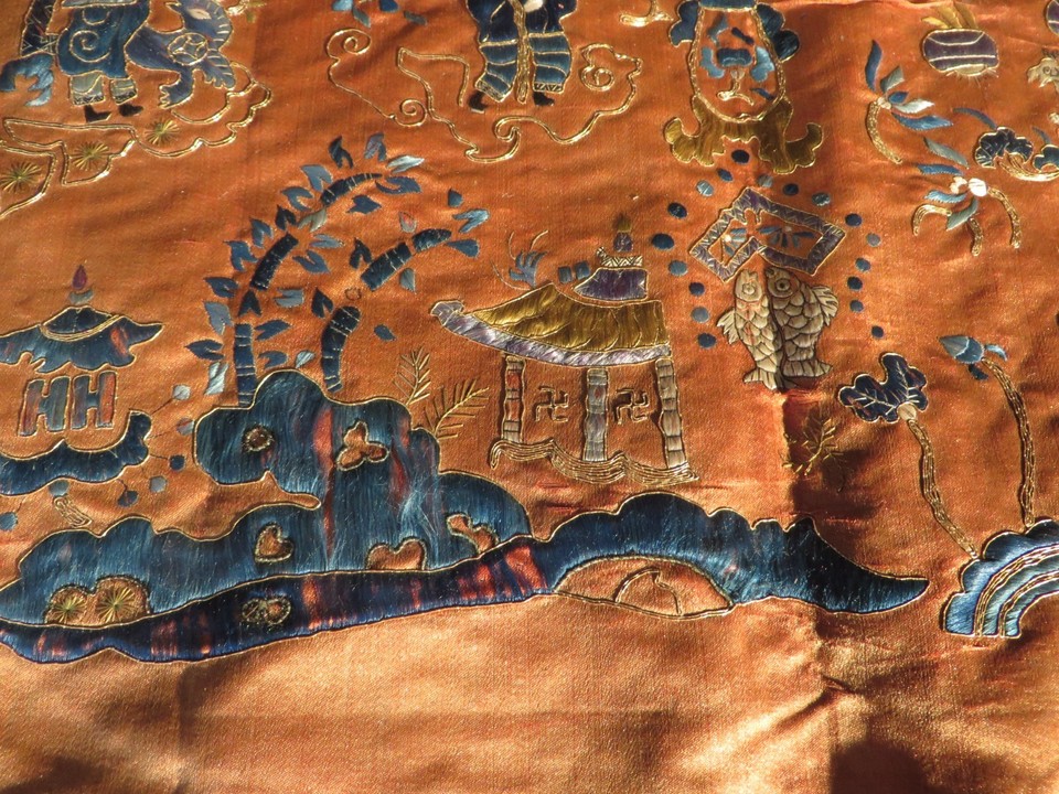 Qing Dynasty Chinese Hand-Embroidered Silk Panel W People, Birds, Fish ...