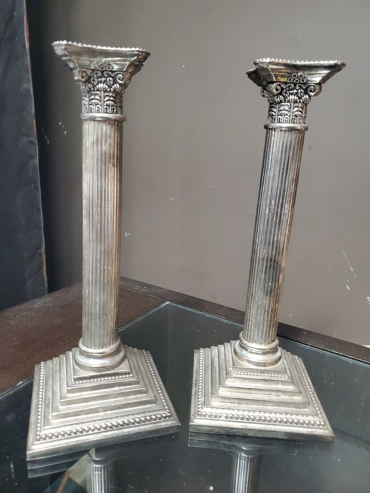 (2) Studio Silversmith Candlesticks Roman Pillars Victorian Medieval ...