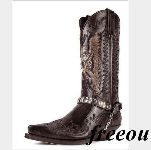 Men Faux Leather Embroidered Metal Chain Mid Claf Western Cowboy Boots ...