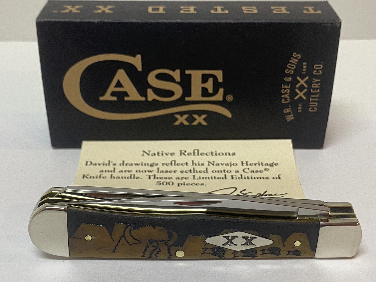CASE XX DAVID YELLOWHORSE NATIVE REFLECT ANTIQUE TRAPPER 6254 KNIFE ...