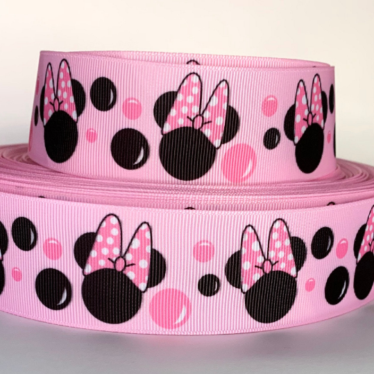 GROSGRAIN RIBBON 5/8", 7/8",1.5", 3" Minnie Mouse Pink Black Printed ...