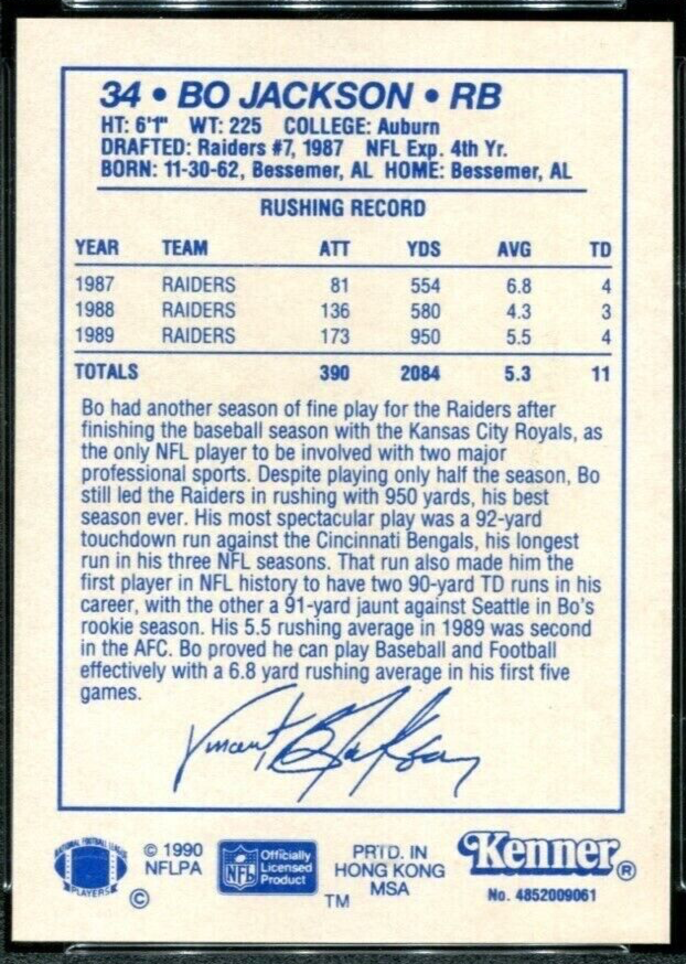 Very Nice HTF 1990 Bo Jackson Starting Lineup SLU Card Oakland Raiders ...