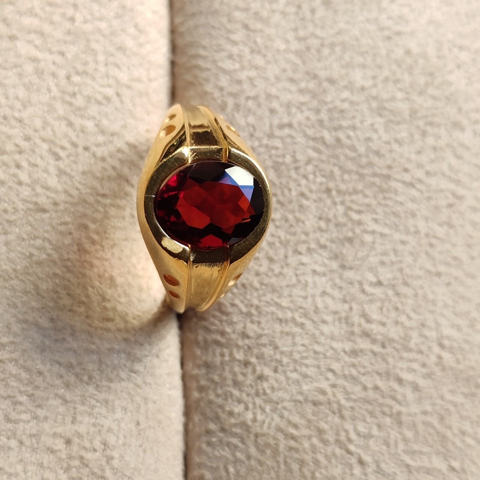 Natural Red Garnet 14K Yellow Gold Men's Ring, Statement 14K Gold Men's ...