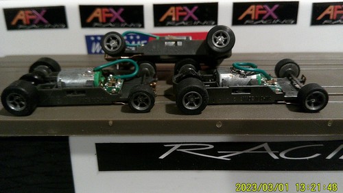 3 AFX RACING H.O. SCALE MEGA G+ 1.7 NARROW CHASSIS WITH GRAY 5 SPOKE ...