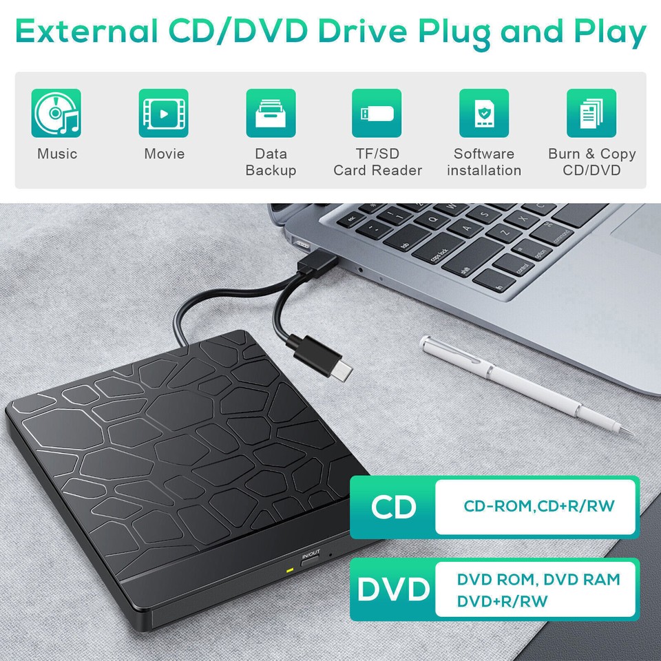 USB 3.0 Slim External CD DVD Drive Disc Burner Writer Recorder For ...