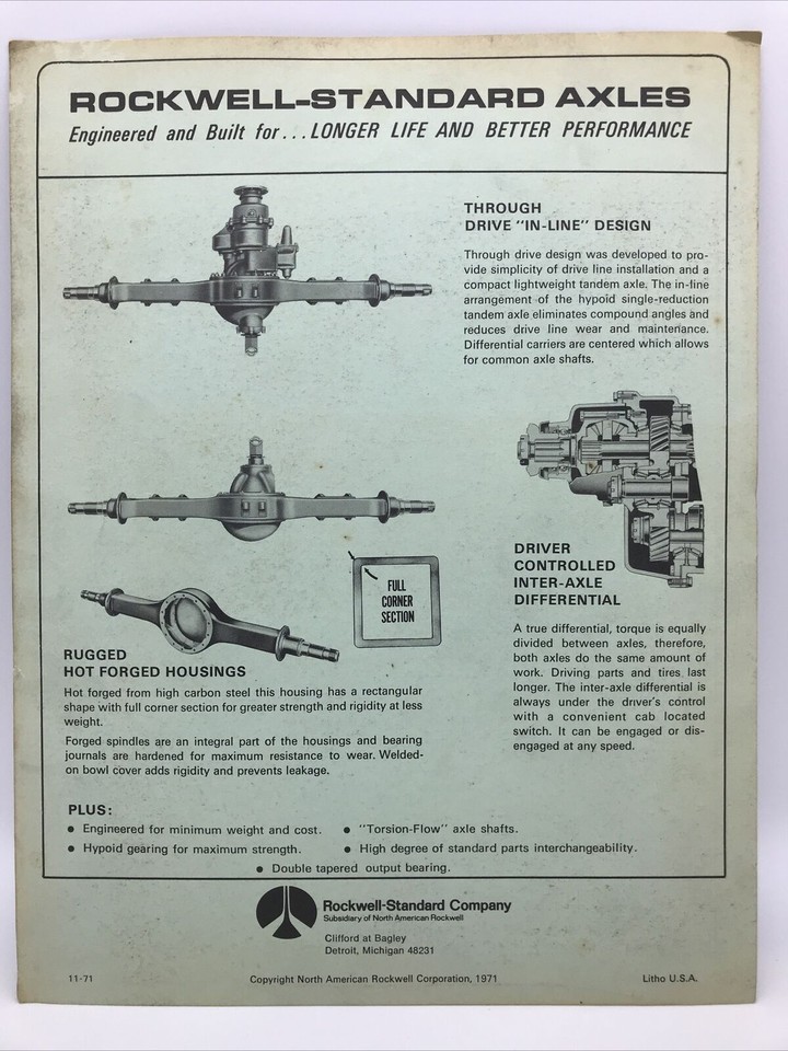 1971 ROCKWELL-STANDARD TANDEM REAR AXLES Hypoid Single Reduction Specs ...