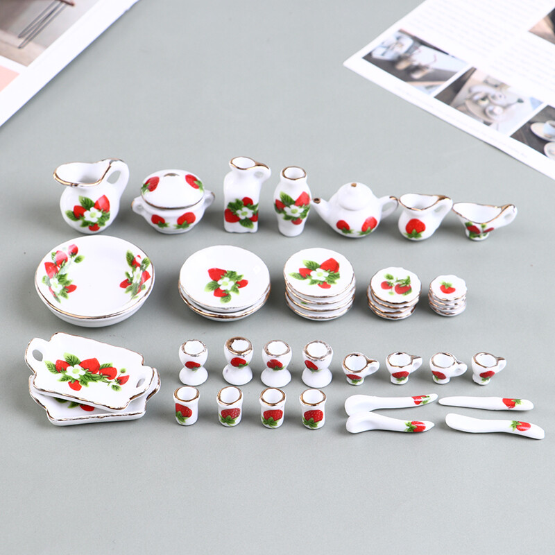 40Pcs 1:12 Dollhouse Miniature Tableware Porcelain Ceramic Tea Cup ...