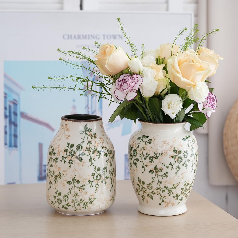 8″ Vintage Green and Beige Vase, Round Ceramic Floral Vases, Retro Ice ...