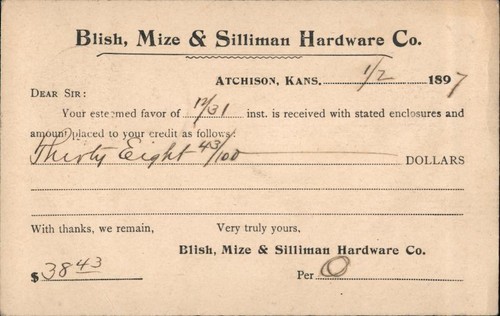 Postal Card Atchison,KS Blish,Mize & Sillman Hardware Co. 1897 ...