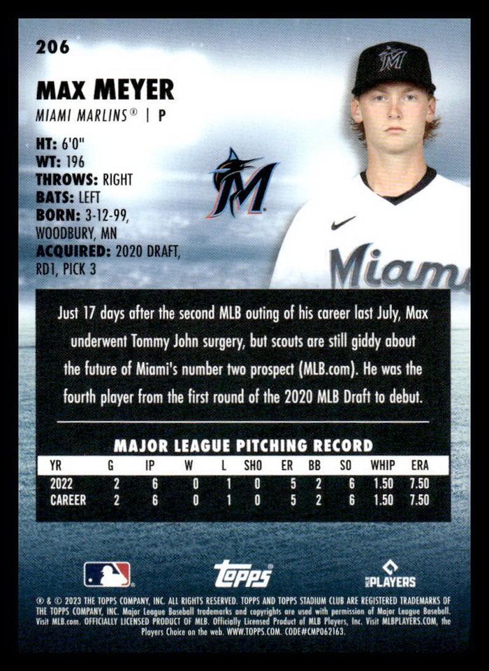 2023 Topps Stadium Club Max Meyer Rookie #206 Miami Marlins | eBay