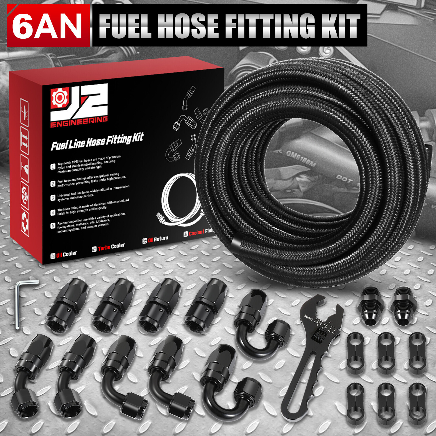 J2 6AN 25FT Nylon Stainless Steel Braided Oil/Fuel Line Hose End ...