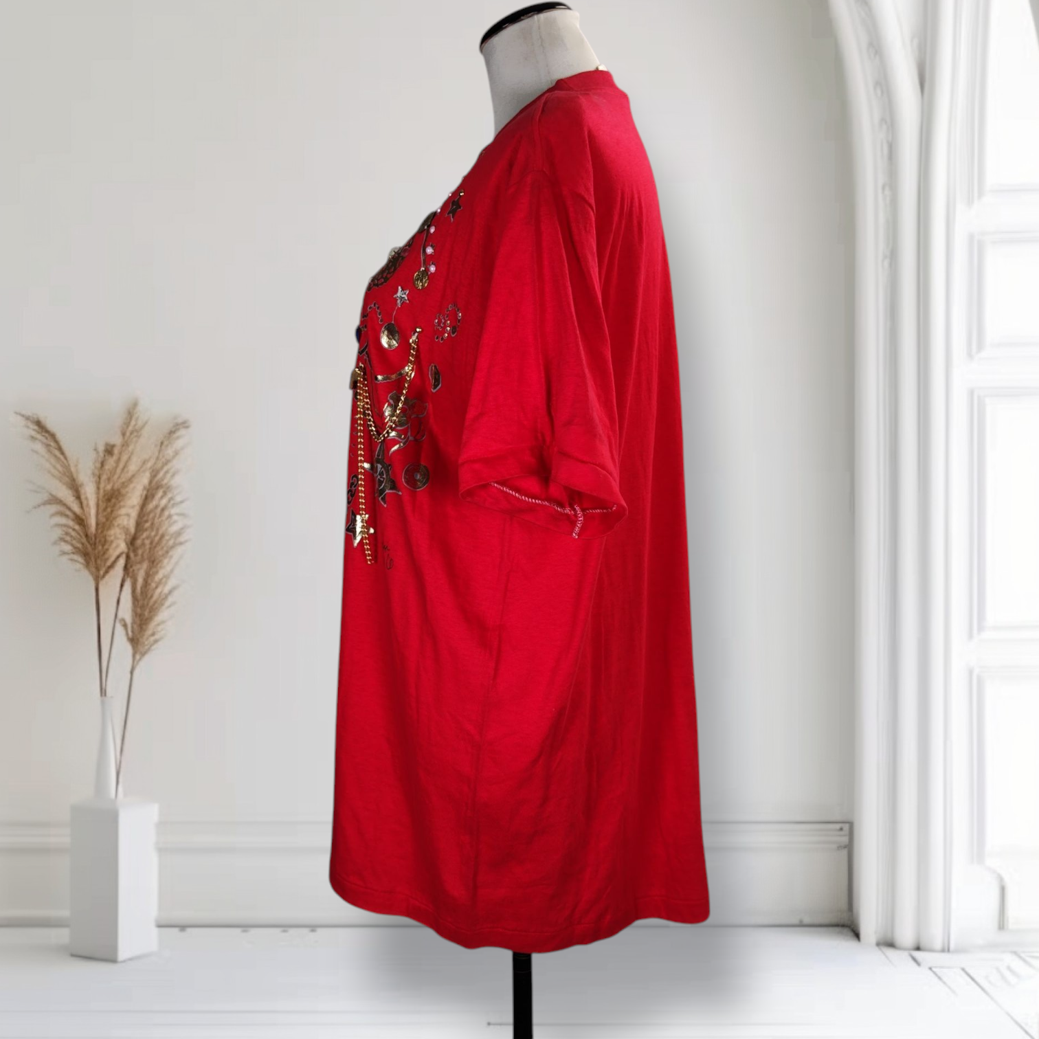 Vintage 80s Embellished Red T Shirt OSFA Crew Red Metallic Gold Single ...