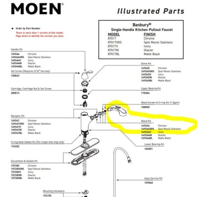 Moen Pullout Wand Kit Spot Resist Stainless For Banbury Kitchen Faucet 87017SRS | eBay
