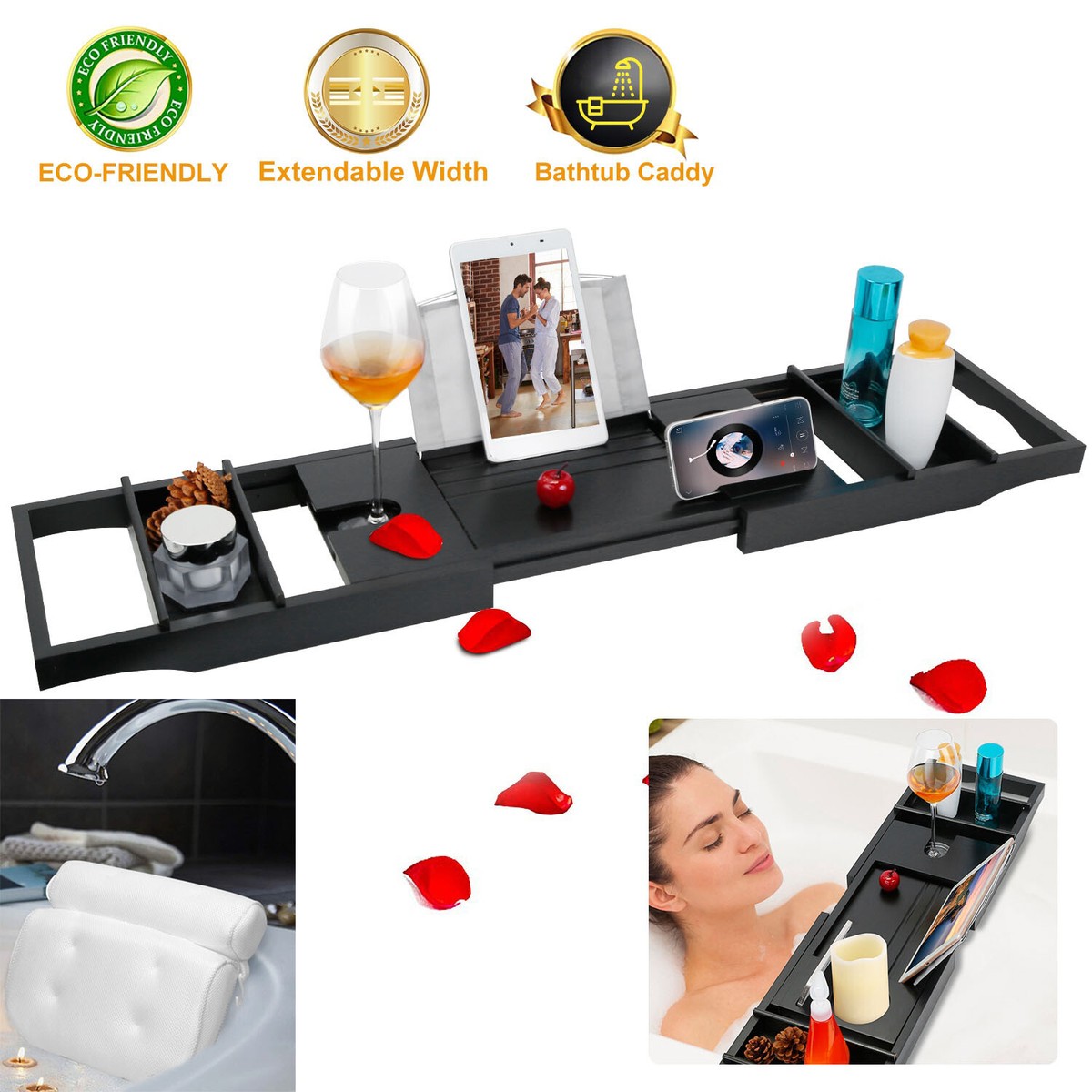 Spa Bathtub Caddy Extendable Bamboo Bathtub Tray Nonslip Bath Tray Spa