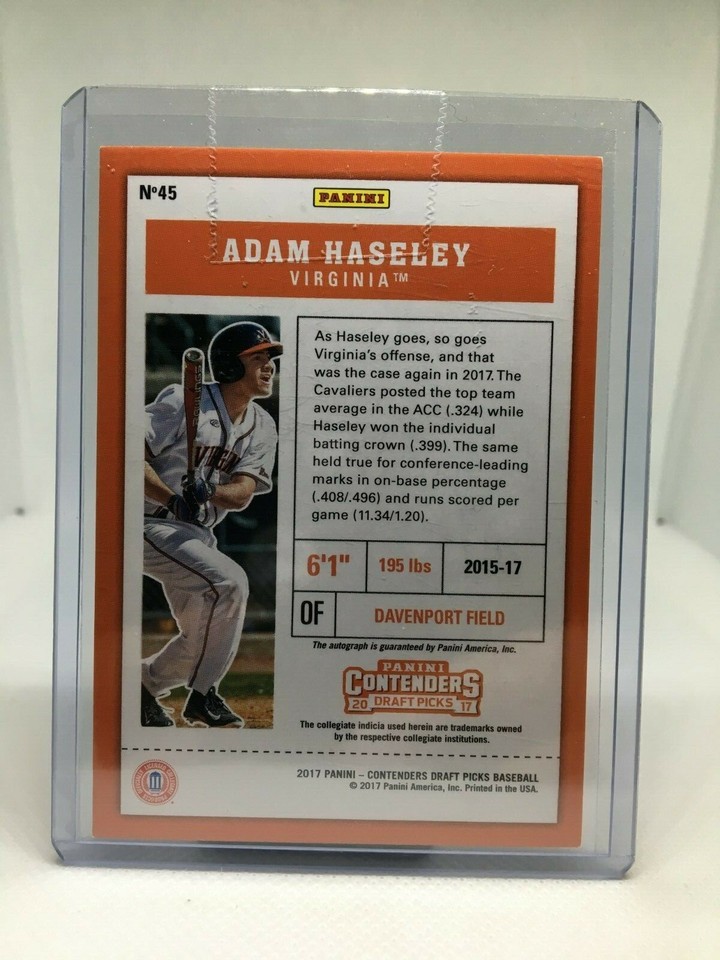 2017 Panini Contenders Draft Picks Draft Auto #45B Batting Adam Haseley ...