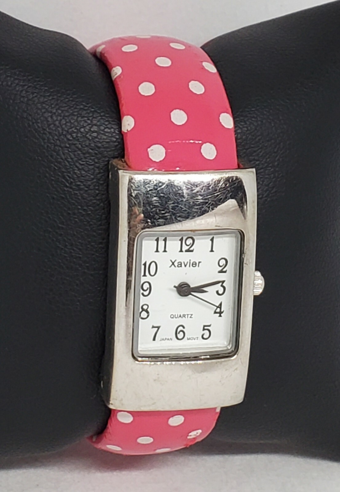 Ladies Xavier Beautiful Silver Tone Pink Polka-Dot Cuff Analog Quartz ...