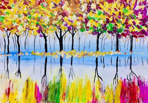Landscape Painting Colorful Trees A4 Size Paper Beautiful | eBay